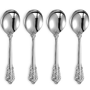 KEAWELL Gorgeous Round Soup Spoon, Set of 4, 18/10 Stainless Steel, Luxury Bouillon Spoon, Dishwasher Safe, Fine Mirror Polished (Silver)