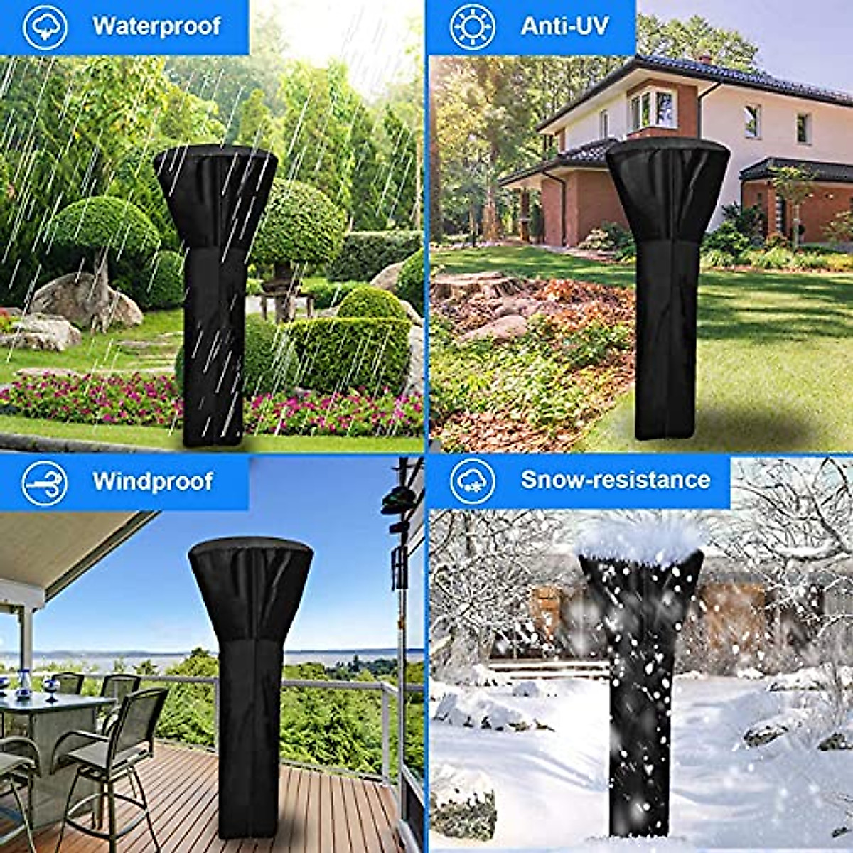 Techson Outdoor Heater Cover, Patio Garden Protective Waterproof Standup Round Heater Covers with Zipper (Black, 89 x 33 x 19 inches)