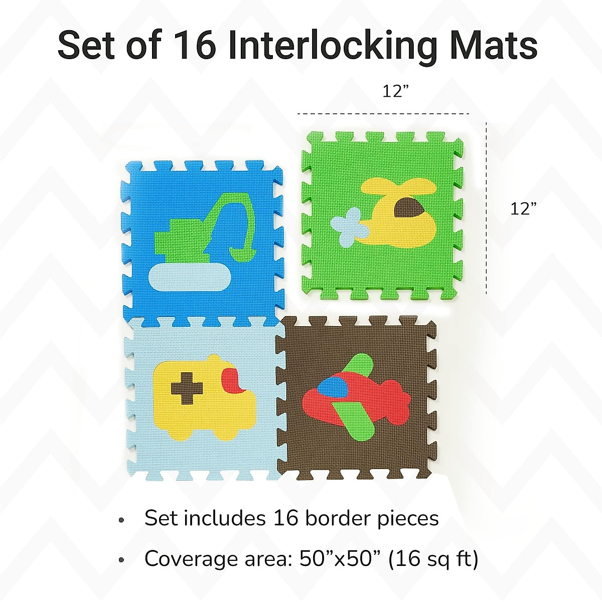 Tadpoles 16 Tiles Transportation Playmat for Kids | Interlocking Tiles with 16 Border Pieces | Soft EVA Foam | Safe & Durable | Total Floor Coverage 50” x 50” | Ages 3 & Up | Multicolor