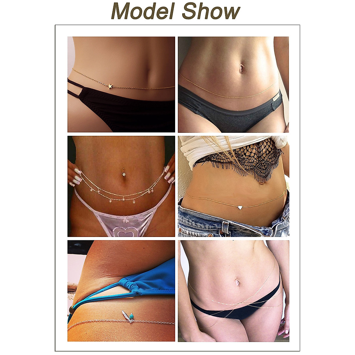 Masedy 12Pcs Sexy Waist Belt Belly Chains for Women Bikini Body Chain Beach Jewelry Set B-Silver tone