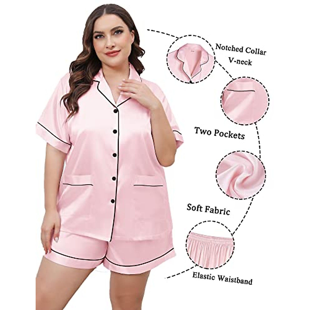 SWOMOG Women's Plus Size Silk Pajamas Button Down Top Pj Satin Shorts Loungewear 2 Pieces Short Sleeve Sleepwear with Pockets Pink