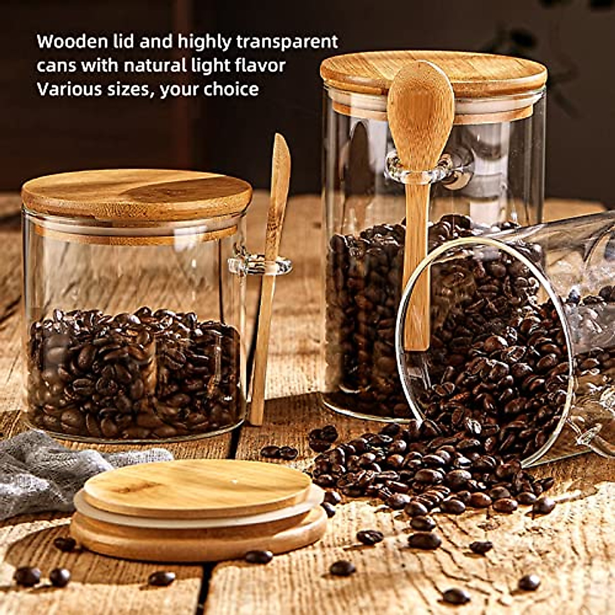 LUZLED Set of 3 Airtight Glass Jars with Bamboo Lids and Spoons, 16oz Glass Storage Containers with Lids Clear Food Storage Containers Food Jars Canisters for Kitchen Sugar Salt Coffee Beans