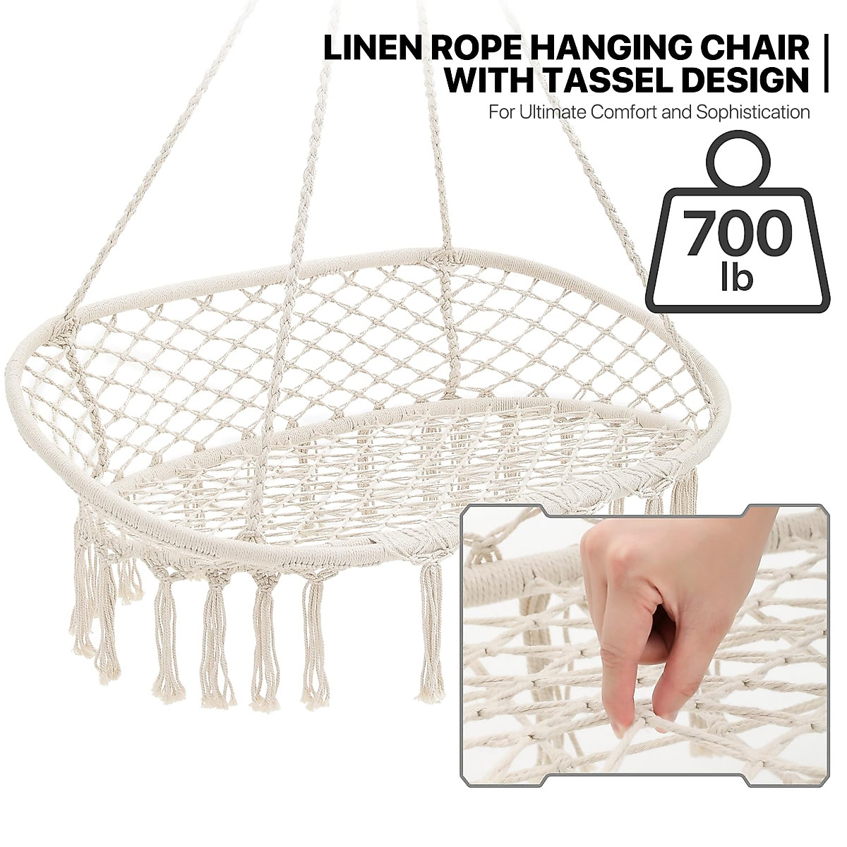 MoNiBloom Double Swing Chair with 3 Cushions for Outside, Large Hanging Macrame Swing Chair for Indoor/Outdoor Relax, Adult Hammock Boho Chair Max 700 lbs Capacity for Porch Balcony Backyard, Beige