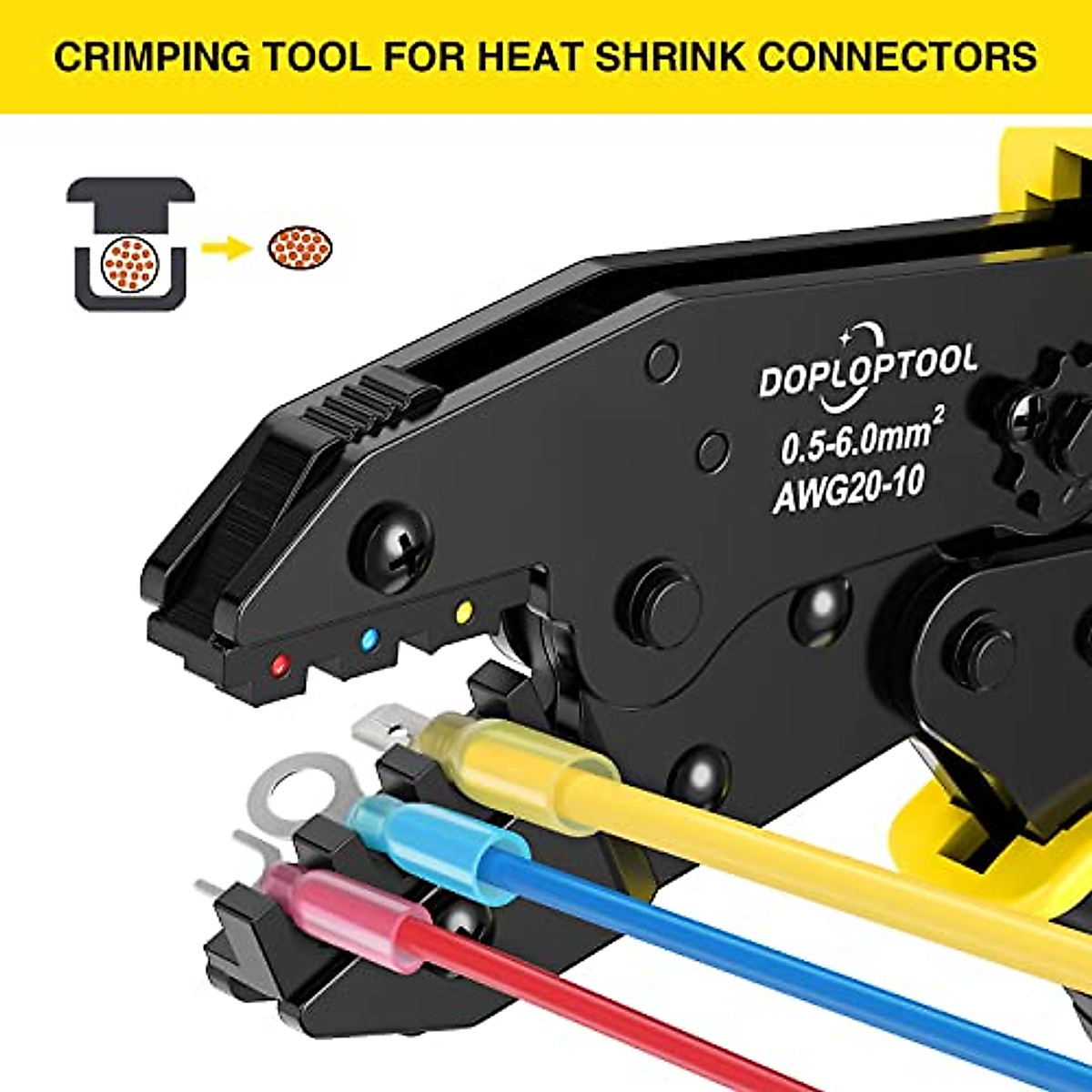 Crimping Tool for Heat Shrink Connectors, DOPLOP TOOL Ratcheting Wire Crimper Tool for 20-10 AWG (0.5-6mm²), Crimping Pliers for Cutting Wires and Insulated Wire Crimping Tool