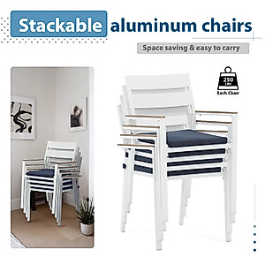 JOIVI 5 Piece Outdoor Dining Set, Aluminum Patio Furniture Dining Table and Stackable Chairs Set for 4 People, 2.05” Umbrella Hole with Wood Grain Tabletop, for Deck, Backyard, Navy Blue Cushions