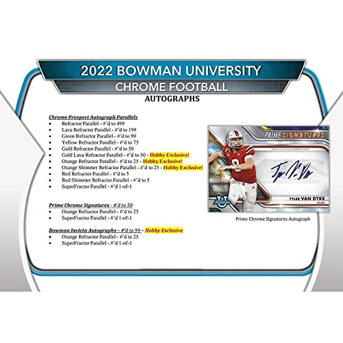 2022 Bowman Chrome University Football Hobby Box (24 Packs/4 Cards: 2 Autos)