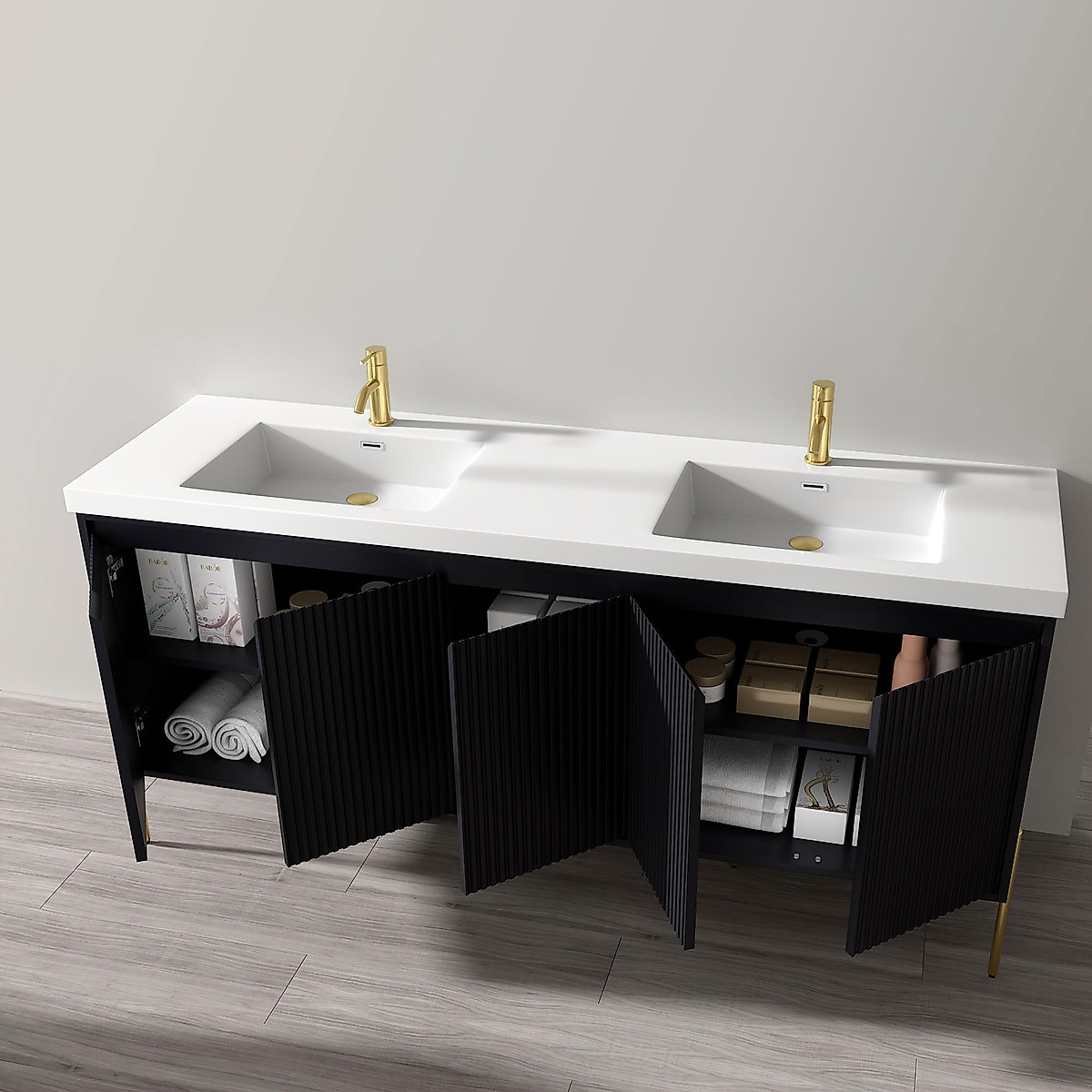 Dowell 72“ Fluted Design Vanity Set – Modern Bathroom Cabinet with Soft-Close Door & Shelf.Charcoal- 002 72 02V