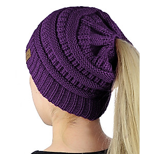 C.C BeanieTail Soft Stretch Cable Knit Messy High Bun Ponytail Beanie Hat, Purple
