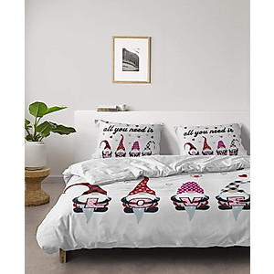 Valentine's Day Gnomes 4 Pieces California King Duvet Cover Sheet Set Cute Cartoon Dwarfs Romantic Bedding Sets Luxury Soft Bed Quilt Cover Bedspread with Decorative Pillowcases Sweet Love Heart