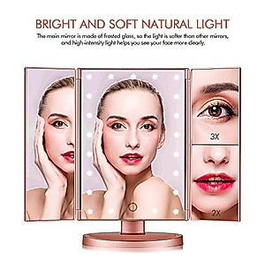 Flymiro Tri-fold Lighted Vanity Makeup Mirror with 3x/2x Magnification,21 LEDs Light and Touch Screen,180 Degree Free Rotation Countertop Cosmetic Mirror,Travel Makeup Mirror (Rose Gold)