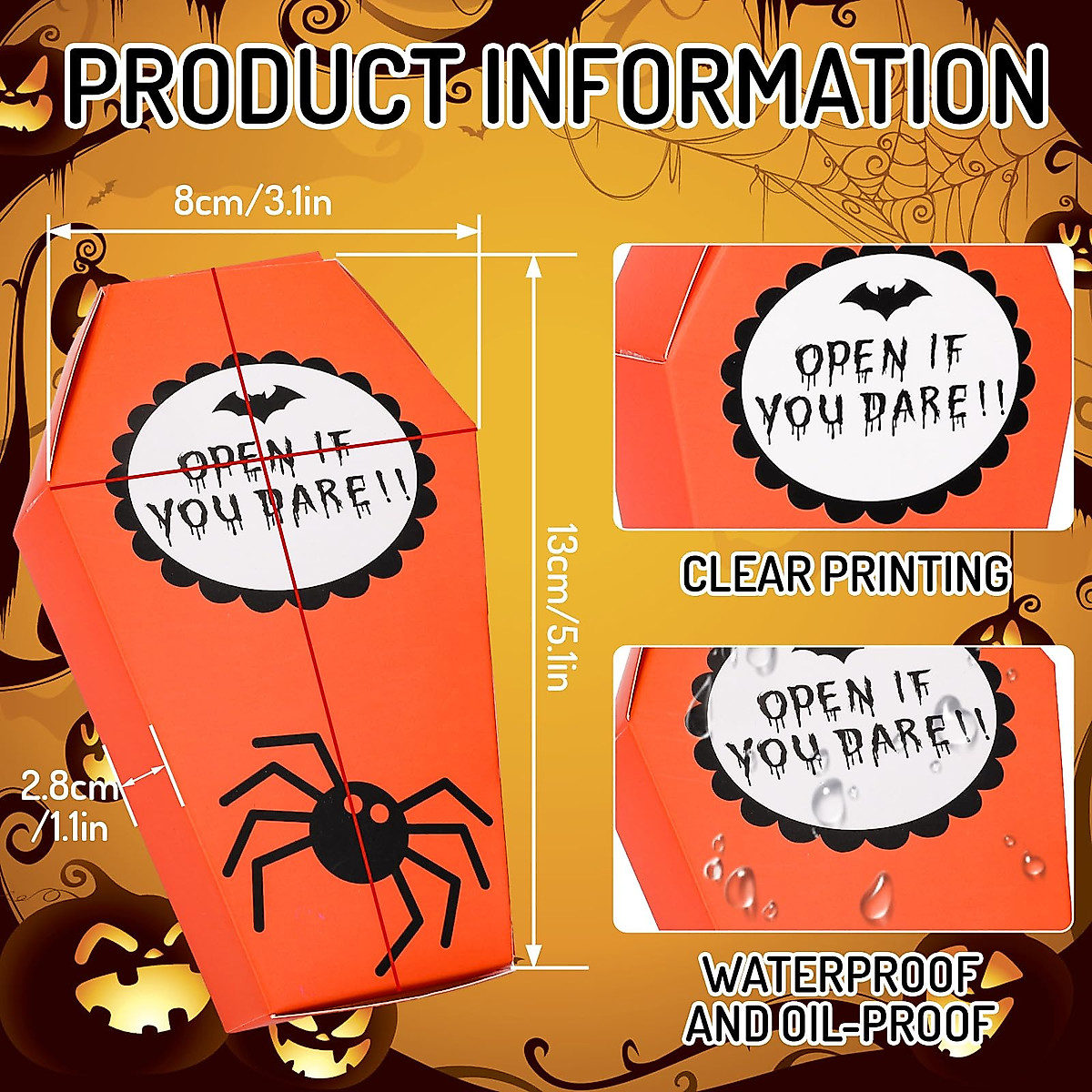 JarThenaAMCS 48Pcs Halloween Candy Coffin Paper Box Pumpkin Spider Treat Box Orange Black Gift Box for Trick or Treat Halloween Party Favor Supplies