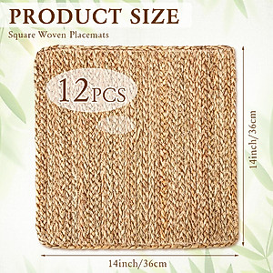 Jinei 12 Pcs Jute Braided Placemats Square Jute Placemats Rattan Straw Woven Placemats 14x14 Inch Water Hyacinth Woven Placemats Boho Table Mats for Home Holiday Party Farmhouse Dining Table