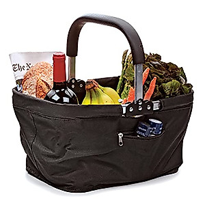 RSVP International Collapsible Market Basket Aluminum Frame, Large Zip Side Pocket, 17x11x18", Black