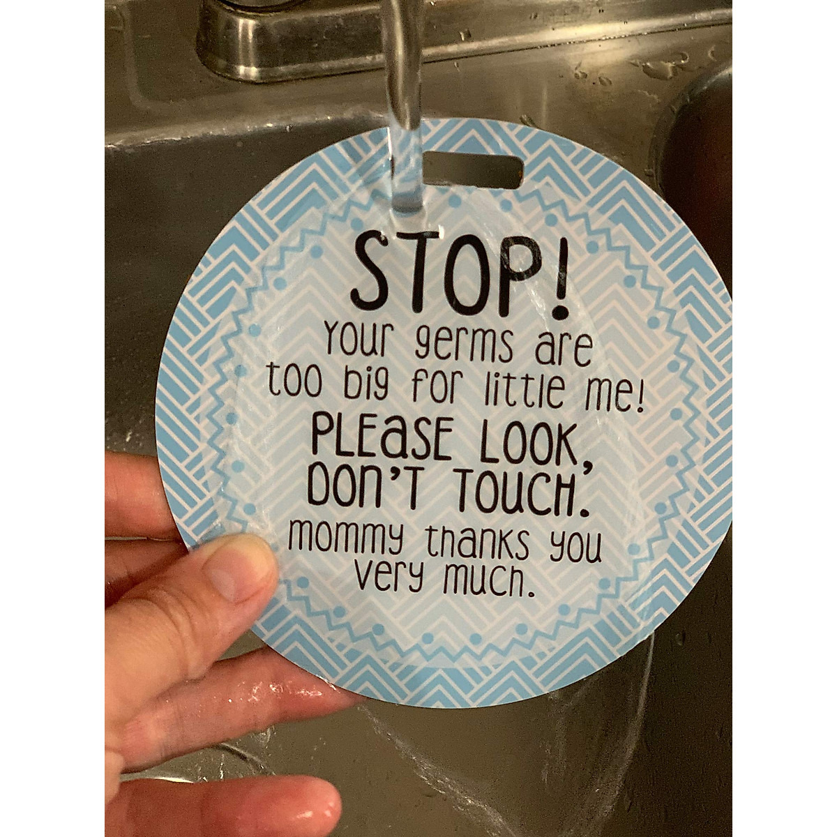 THREE LITTLE TOTS – Blue Stop Please Look Don't Touch Baby Car Seat Sign or Stroller Tag - CPSIA Safety Tested