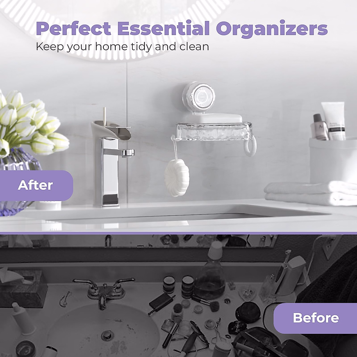 KatiKaddy Suction Soap Dish, Detachable Drip Tray & Removable Hooks, Soap Dish for Shower No Drilling Plastic Soap Dish Reusable Shower Soap Dish for Bathroom, Kitchen Living Room Clear, Transparent