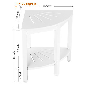 18" White Corner Teak Shower Bench with Shelf/Teak Shower Stool for Inside Shower/Waterproof Bathroom Bench Seat/Wooden Shower Seat Spa Stool, for Inside or Outdoor Use/5 Years Warranty.