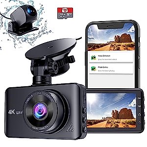 Penemay Dash Cam Front and Rear 4k WiFi, 3 Inch Dash Camera for Cars with 1080P Rear Camera, Dual Dash Cam Included 64GB Micro SD Card, Dashboard Camera with Night Vision, Parking Monitor