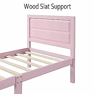 RIDFY Wood Twin Bed Frame with Headboard/Footboard, Modern Platform Camas Frame, Wood Slat Support Mattress Foundation/Noise Free/No Box Spring Needed/Easy Assemble (Pink)