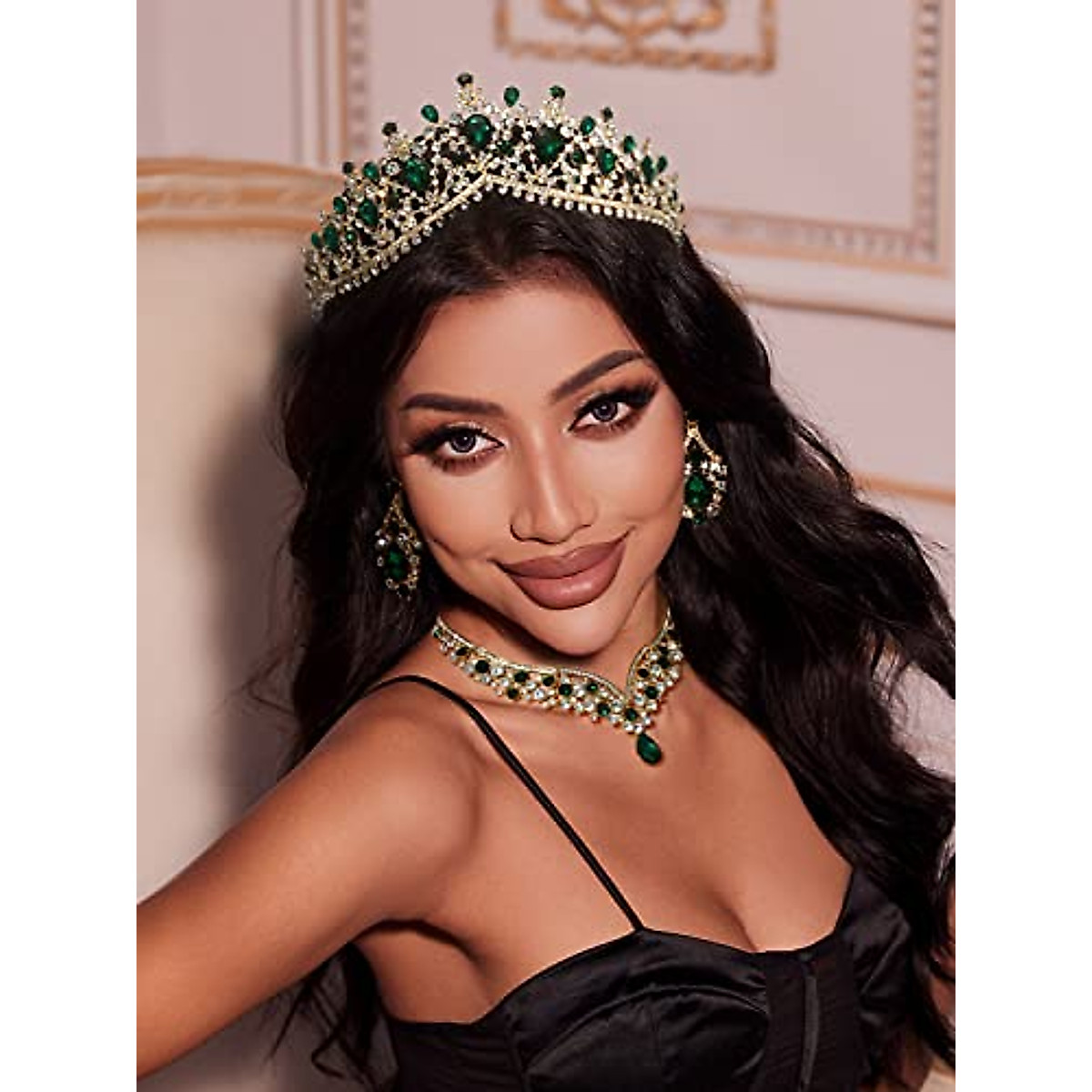 SWEETV Baroque Wedding Crown for Bride, 3-pack Tiara Earrings Necklace, Bridal Jewelry Set, Gold Green Crystal Costume Party Birthday Prom Pageant Jewelry for Women, Genesis