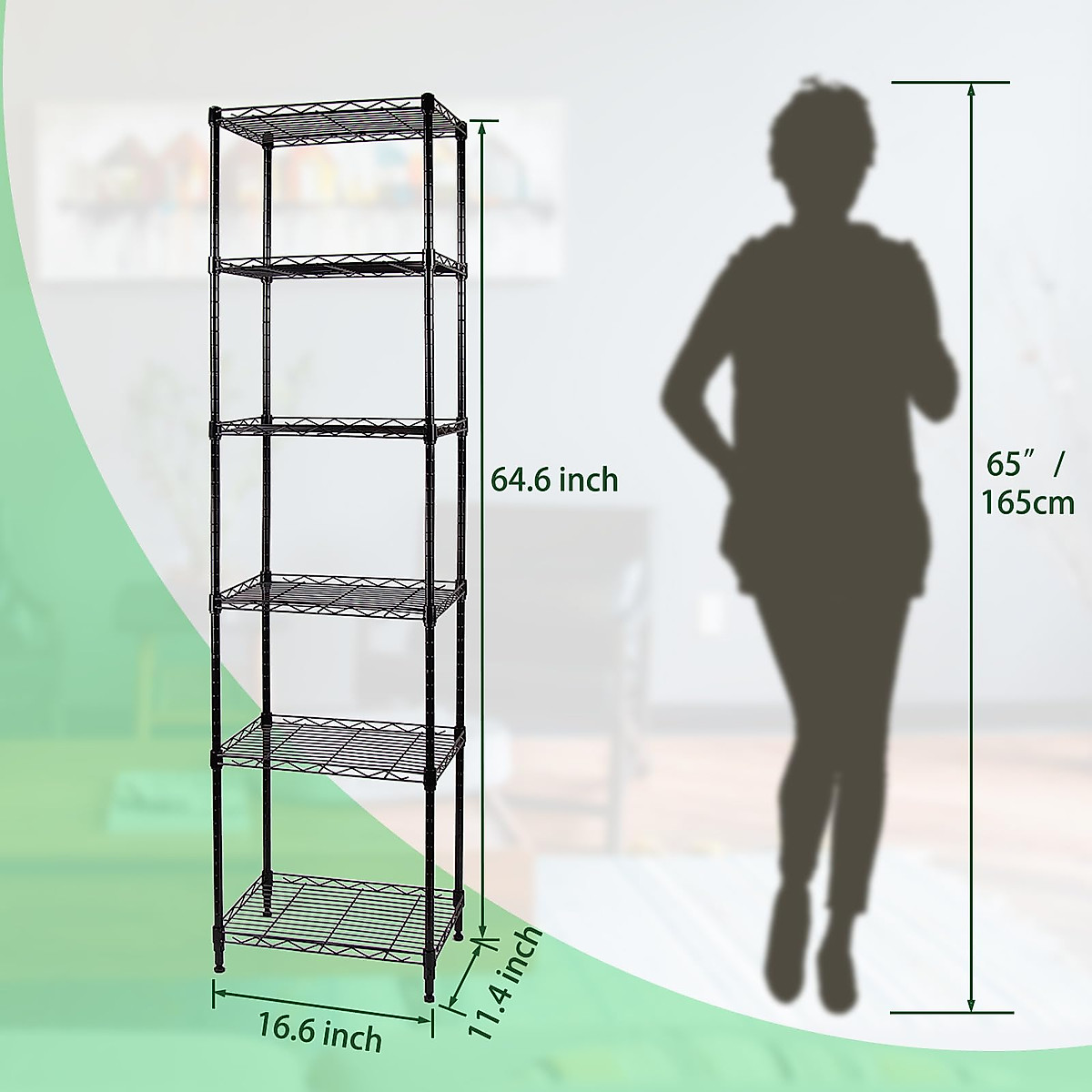 HESESOH 6-Wire Shelving Adjustable Shelves, Standing Storage Shelf for Laundry Bathroom Kitchen Pantry Closet Organization (Glossy Black, 16.6" L x 11.4" W x 64.6" H)