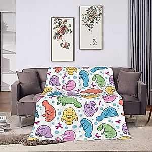 Cute Manatee Colorful Pattern Blanket Throw Blanket Soft Warm Lightweight Cozy Plush Blanket for Bedroom Living Rooms Sofa Couch Bed Gifts 50"X40"