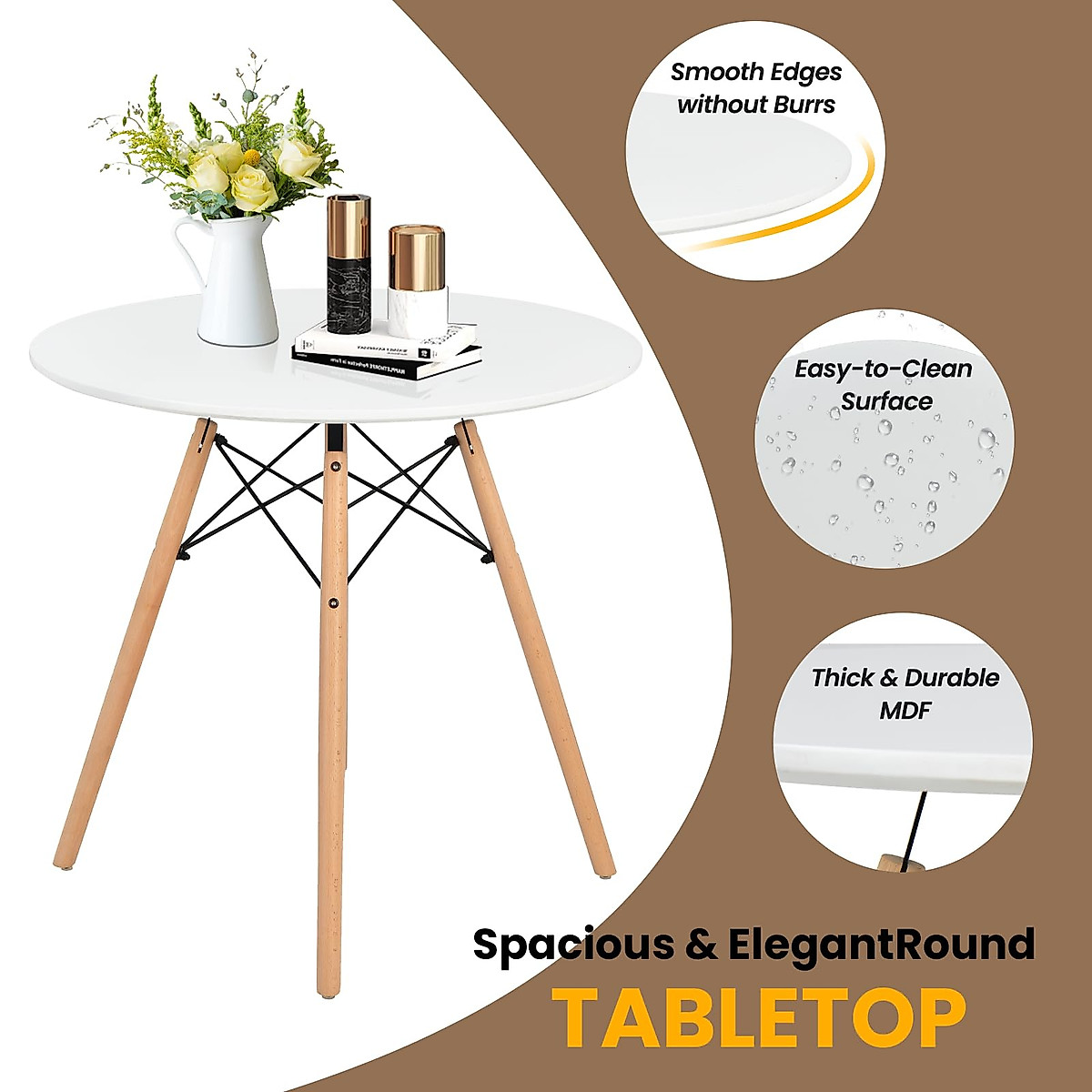 LDAILY Moccha Dining Table Set for 4, 5-Piece Kitchen Table Set with Round Dining Table & 4 Chairs, Breakfast Set with Solid Wood Legs, Modern Space-Saving Dinette Set for Dining Room, Kitchen, White