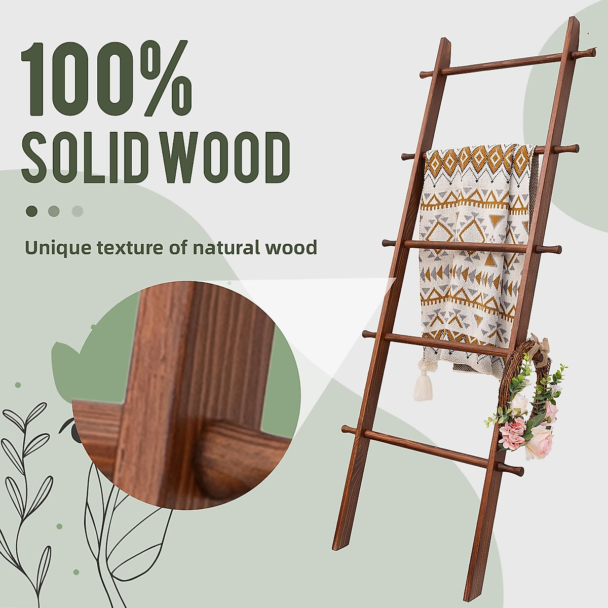 YPshuye 5-Tier Blanket Ladder, Wooden Quilt Stand Farmhouse Decorative Ladder Shelf, Quick Installation, Brown