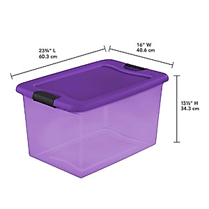 Sterilite 64 Qt Latching Storage Box Stackable Bin with Latch Lid, Plastic Container to Organize Halloween Decor, Purple Tint with Purple Lid, 18-Pack