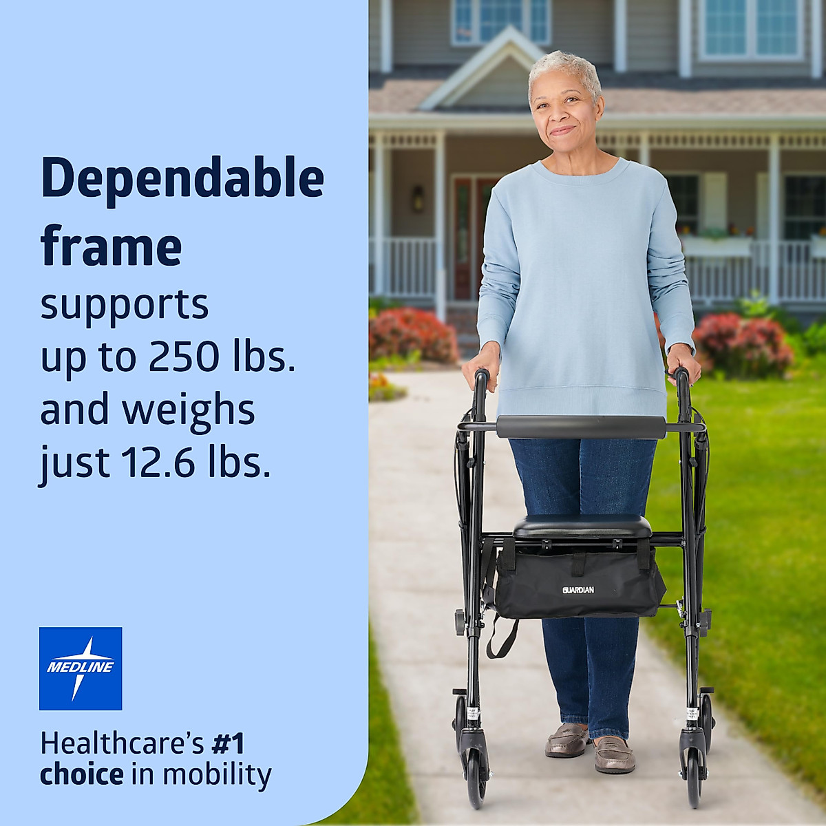 Medline Superlight Folding Aluminum Mobility Rollator Walker, Black, 250 lb. Weight Capacity, 6" Wheels, Adjustable Arms and Seat, Foldable Rolling Walker for Seniors