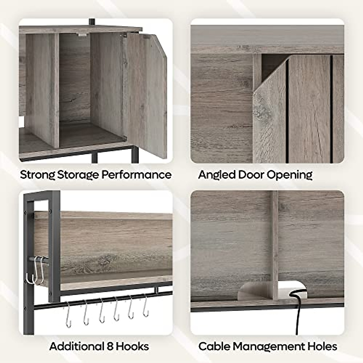 Bestier Modern 1 Cabinet Multifunctional Storage Hutch with 8 Adjustable Hanging Metal Hooks and Angled Magnetic Cabinet Door, 60 Inches Tall, Gray