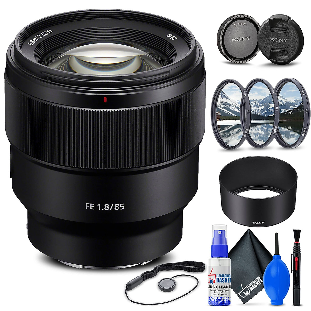Sony FE 85mm f/1.8 Lens (SEL85F18/2) + Filter Kit + Lens Cap Keeper + Cleaning Kit + More (Renewed)