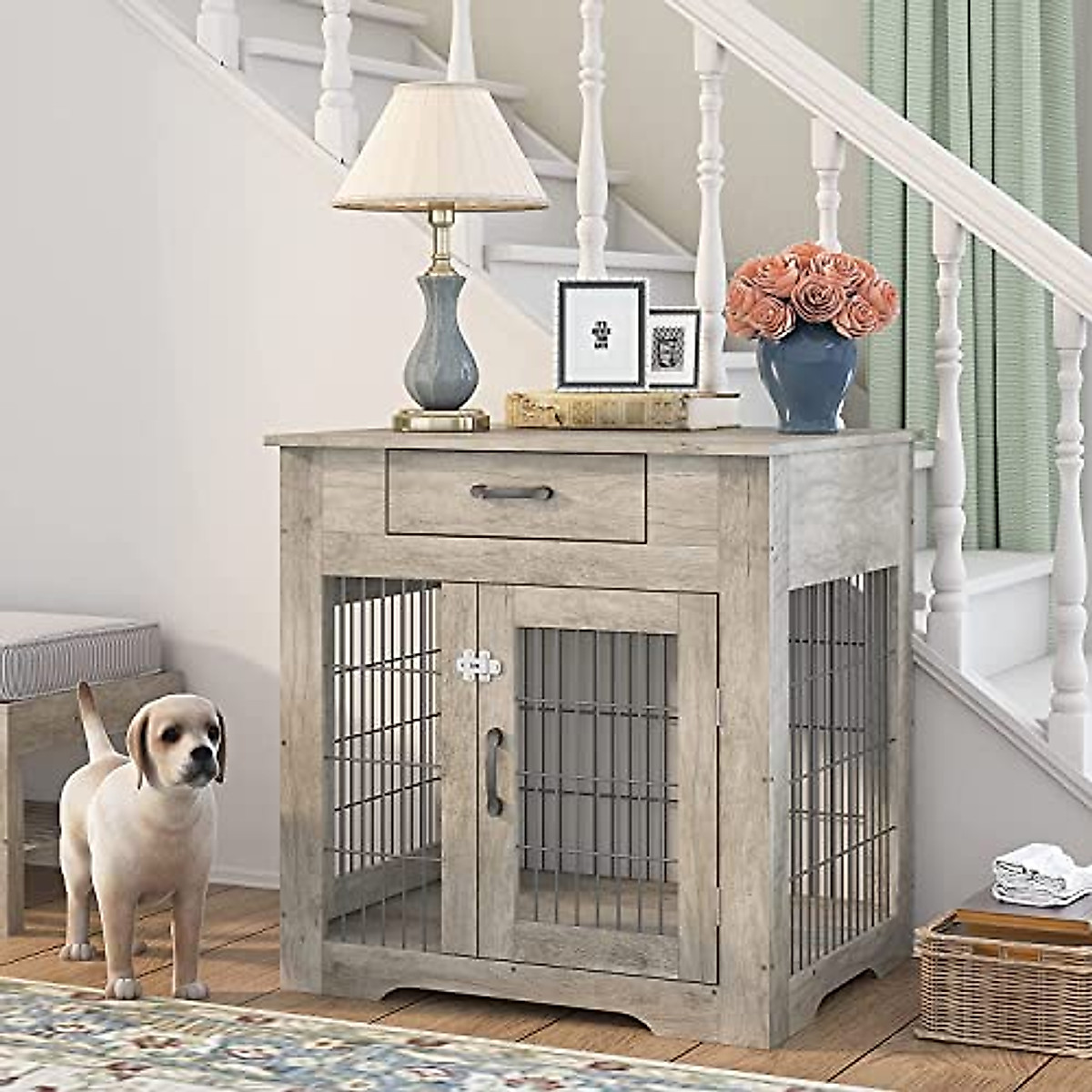 Fegherug Dog Crate Furniture for Small Dogs, Wooden Dog Kennel End Table with Drawer, Dog House Indoor Use, Chew-Proof, Casual Home Wooden Pet Crate, Indoor Pet Crate Side Table