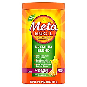 Metamucil Premium Blend, 4-in-1 Fiber Supplement for Digestive Health, Psyllium Husk Fiber Powder, Sugar-Free with Stevia, Plant-Based Fiber Supplement, Orange Flavored, 180 teaspoons