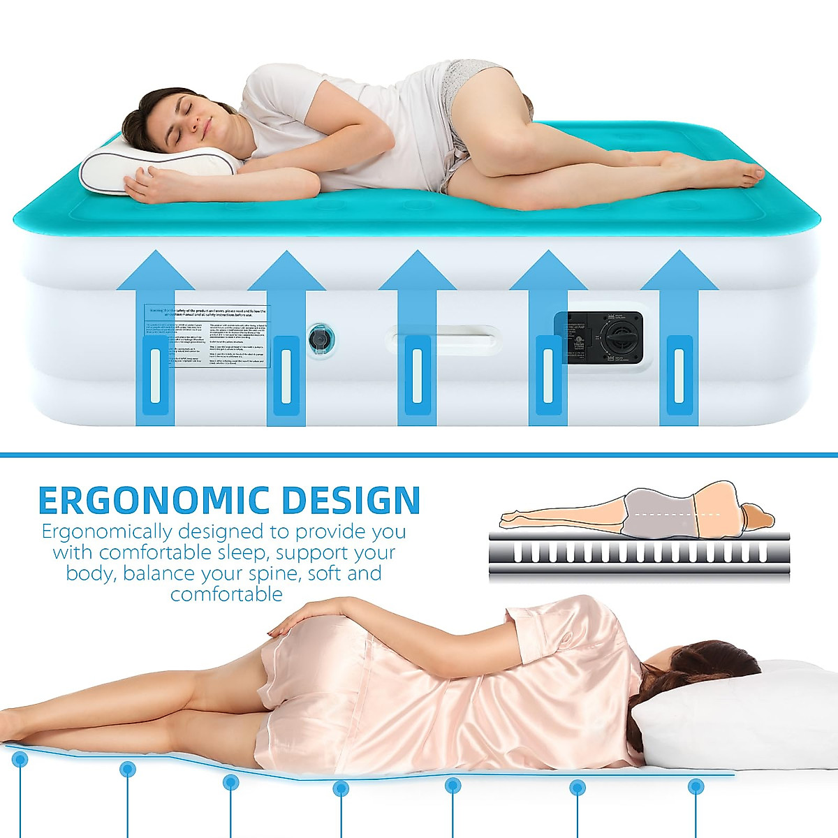 TWUBLK Air Mattress Full AirBed Inflatable/deflatable 18" Built in Pump (Blue)