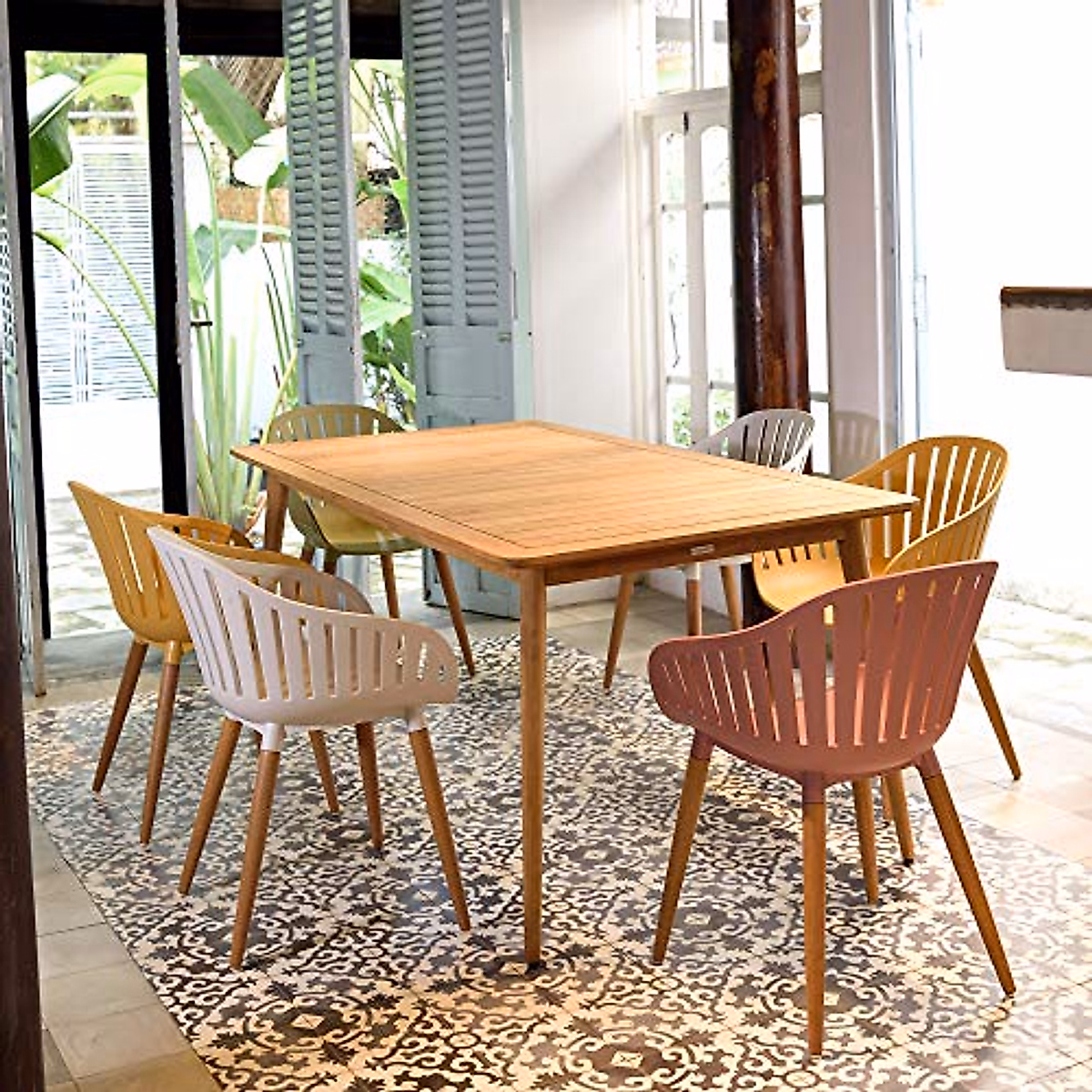 Armen Living Nassau Outdoor Patio Arm Dining Chairs, 17" Seat Height, Set of 2, Eucalyptus and Honey Yellow