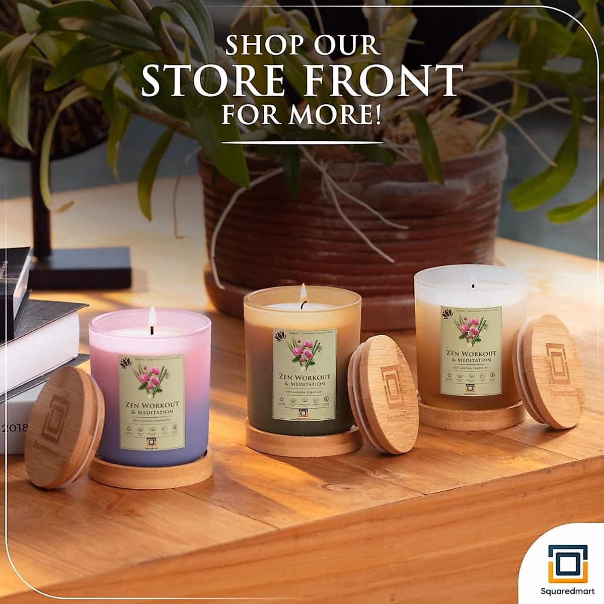 SquaredMart Natural Soy Scented Candle - Zen Workout & Meditation, Bamboo, Lemongrass & Lotus Flowers, 55 Hour Burn, 100% Cotton Wick, Eco-Friendly Bamboo Coaster & Lid, Yoga & Exercise, Serenity