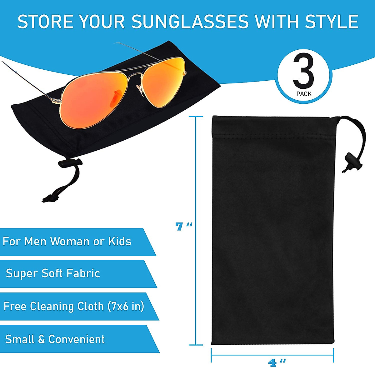 Mamlyn Set of 3 Microfiber Soft Sunglasses Pouches, With Drawstring Closure