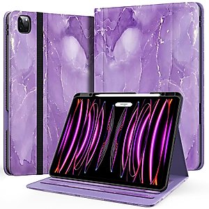 Zonefoker Case for New iPad Pro 12.9 inch 6th/5th/4th/3rd Generation 2022/2021/2020/2018, 12.9'' ipad Pro Leather Folio Protective Cover 6/5/4/3 Gen with Pencil Holder, Auto Wake/Sleep, Marble Purple