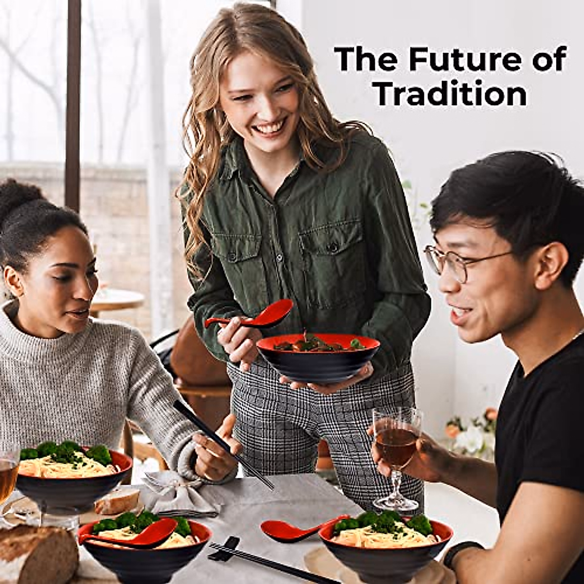 ANNIE'S KITCHEN Japanese Ramen Bowl Set of 4 Naruto Ramen Bowl With Chopsticks and Stands - Large Ramen Bowls Pho Bowls and Spoons Set 16 Piece Melamine (Red)