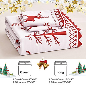 WONGS BEDDING Christmas Duvet Cover Set King Size,3 Pieces Reversible Red Elk Snowflake Pattern Decor Bedding Duvet Cover with Zipper Closure for New Year Holiday, Soft Microfiber Bedding Set 104"x90"