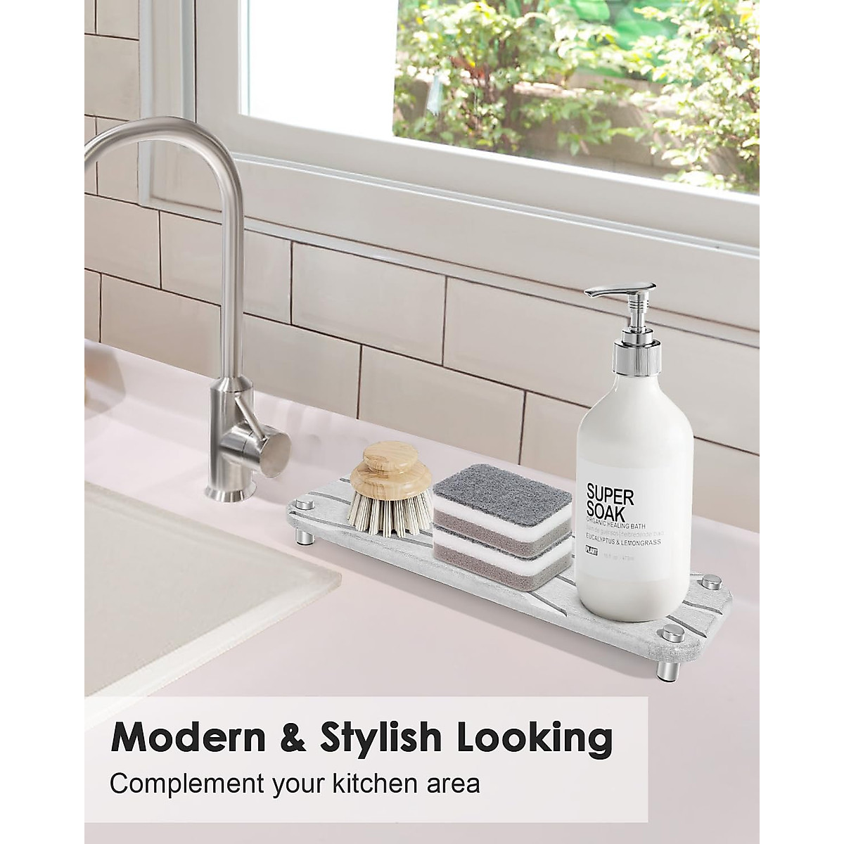 Fast Drying Stone Sink Caddy - Instant Dry Sink Organizer for Bathroom Kitchen, Water Absorbing Stone Tray for Sink Countertop, Diatomaceous Earth Quick Dry Stone Rack for Sponge, Soap Dispenser, Cup