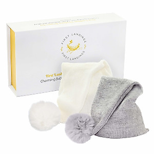 First Landings Cashmere Wool Newborn Hats (2-Pack) Ultra Soft Baby Hats Gift Set - Adorable Long Baby Beanie with Pom Poms - Newborn Photography Props
