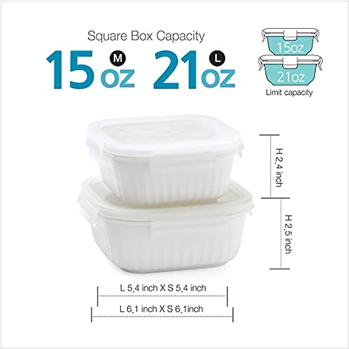 ZEN Pleats Porcelain Serve and Store Airtight Container 15&21oz Square Boxes Set of 2 (Mixed Color)