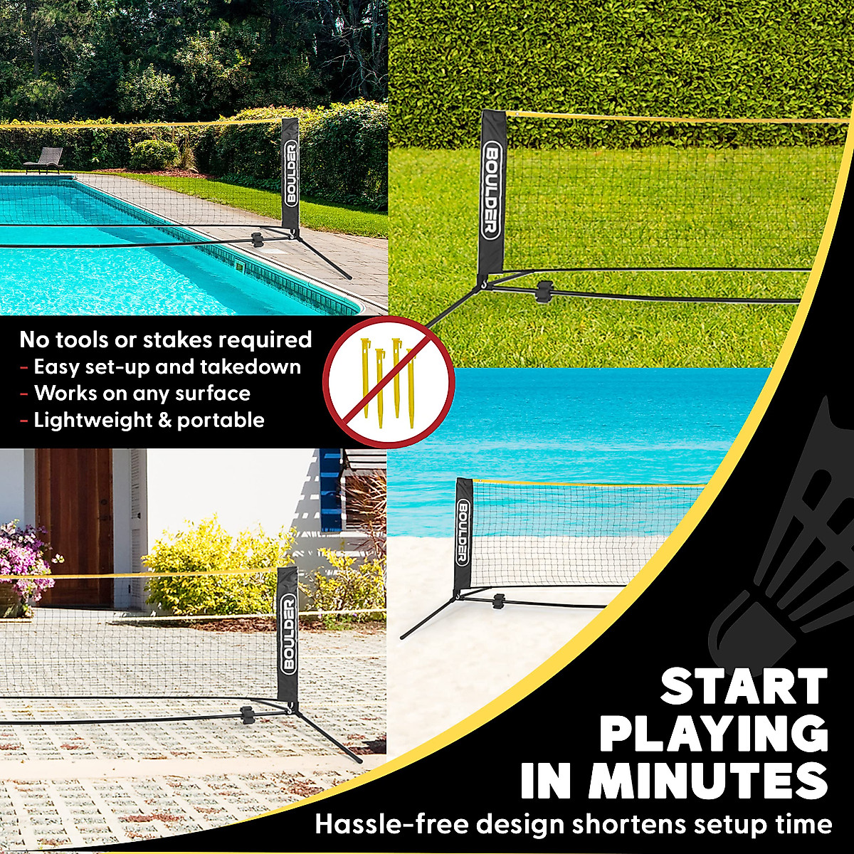 BOULDER Portable Badminton Net Set - for Tennis, Soccer Tennis, Pickleball, Kids Volleyball - Easy Setup Nylon Sports Net with Poles (Black/Yellow, 10 FT)