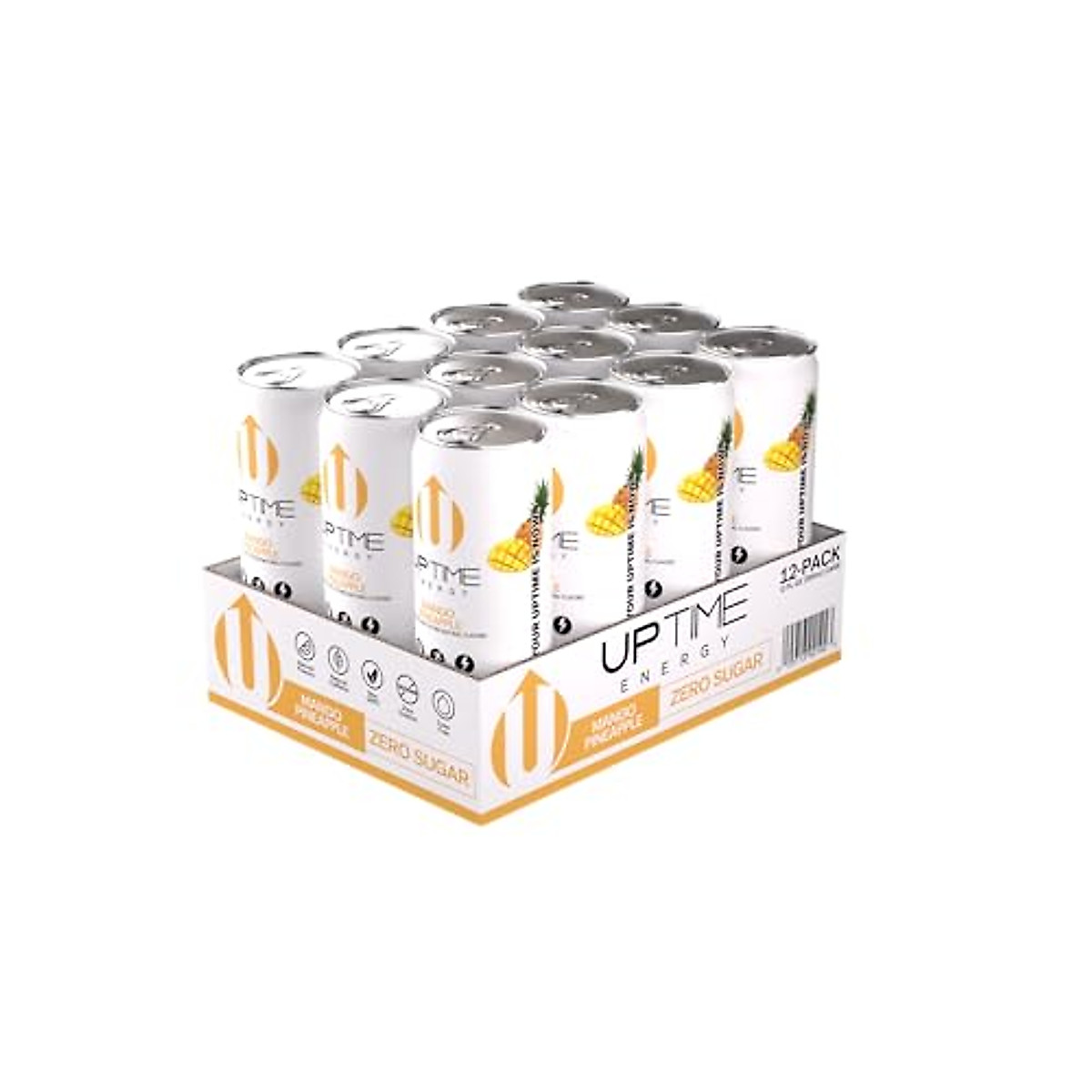UPTIME Energy Drink, Mango Pineapple, 12 Pack, Vitamin C, L Theanine, Calcium, Sugar Free Energy Drinks for Focus Support, 142mg of Natural Caffeine, 5 Calories, Clean, Natural, Non GMO, 12 fl oz Cans