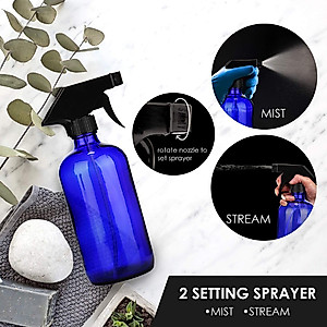 Chef's Star Glass Spray Bottles for Cleaning Solutions, Plants, and Hair, Empty Refillable Misting Spritzer with 2 Adjustable Spray Settings, 16 Oz, Pack of 2, Blue