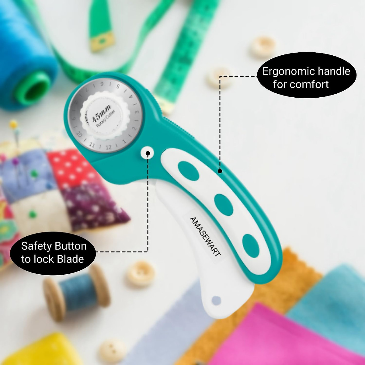 AMASEWART 45mm Rotary Cutter for Fabric with 8pcs Rotary Blades, Rolling Fabric Cutter Crochet Edge Skip Stitch Blade Perforating Rotary Cutter, Pinking Rotary Cutter for Quilting Crafts Sewing