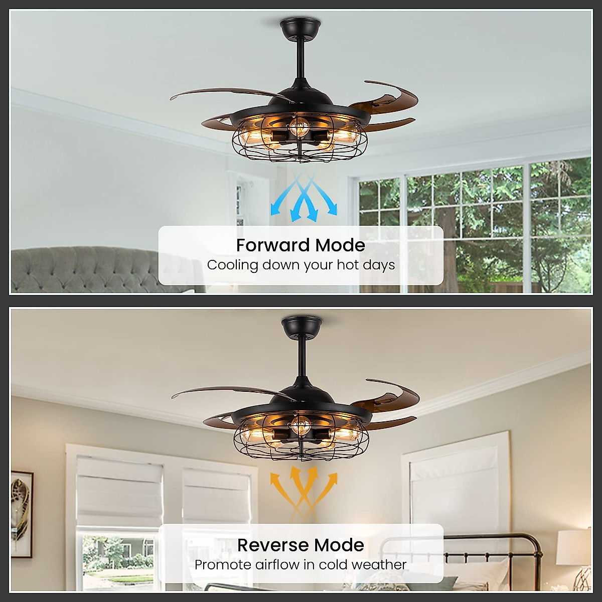 Moooni 48" Industrial Caged Ceiling Fan with Lights and Remote, Black Fandelier, Vintage Retractable Blades Chandelier Fan Light Kit for Bedroom Farmhouse