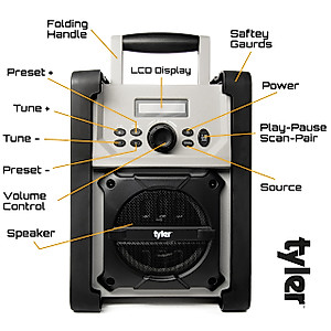 Tyler Bluetooth Jobsite Radio Speaker Wireless Battery Powered Or AC/DC - 100+ Feet Rang - USB - AUX Out - Full Band FM Radio - IPX5 Water Resistant - Outdoor Indoor Durable Portable Speaker TWS407