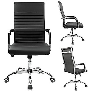 Furmax Ribbed Office Desk Chair Mid-Back PU Leather Executive Conference Task Chair Adjustable Swivel Chair with Arms (Black)